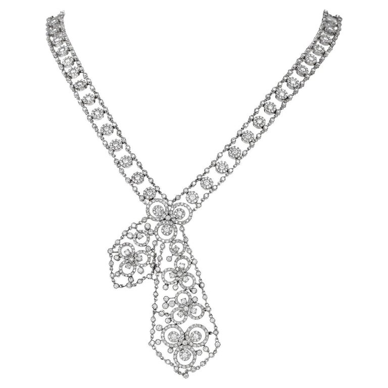 Estate Diamond 18K White Gold Sparkly Tie Scarf Link Chain Necklace For ...