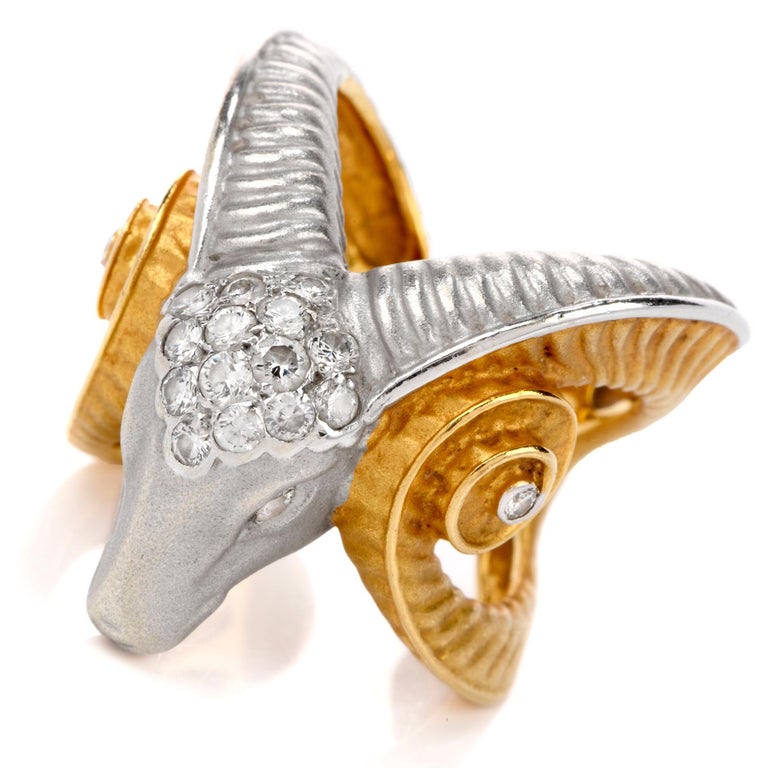Estate Diamond 20 Karat Ram Head Fashion Cocktail Ring at 1stDibs