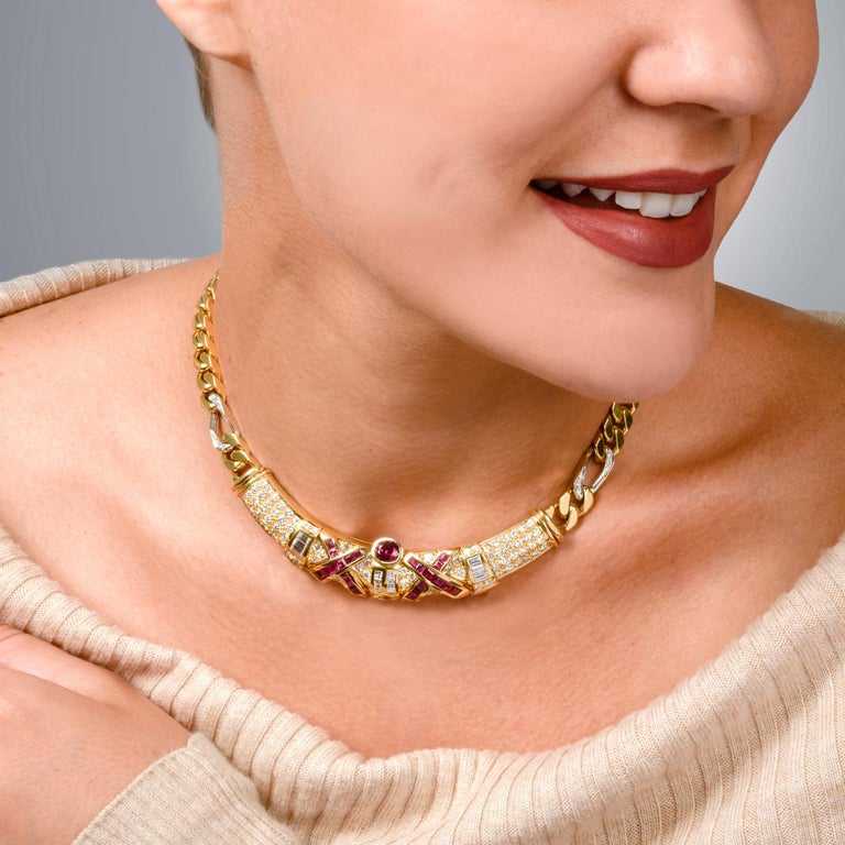 Estate Diamond and Red Ruby 18 Karat Gold Choker Necklace For Sale at ...
