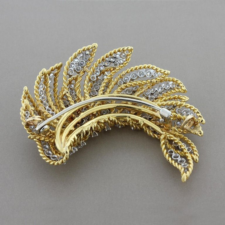 Estate Diamond Gold Feather Brooch For Sale at 1stDibs