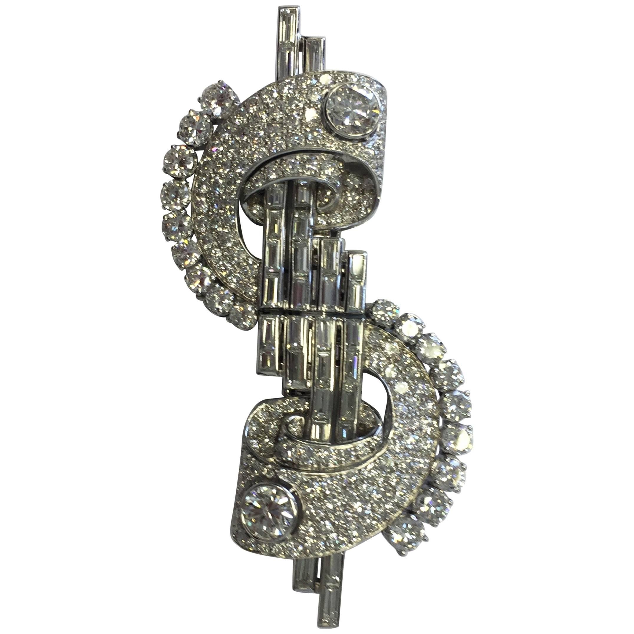 Estate Platinum Large Diamond Brooch For Sale at 1stDibs