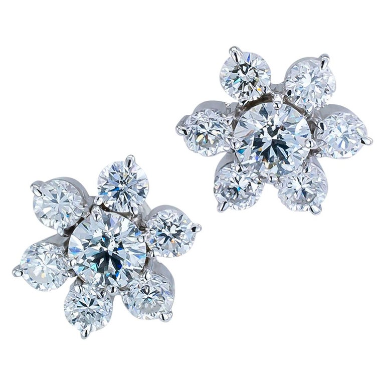 Estate Diamond Platinum Cluster Stud Earrings For Sale at 1stDibs