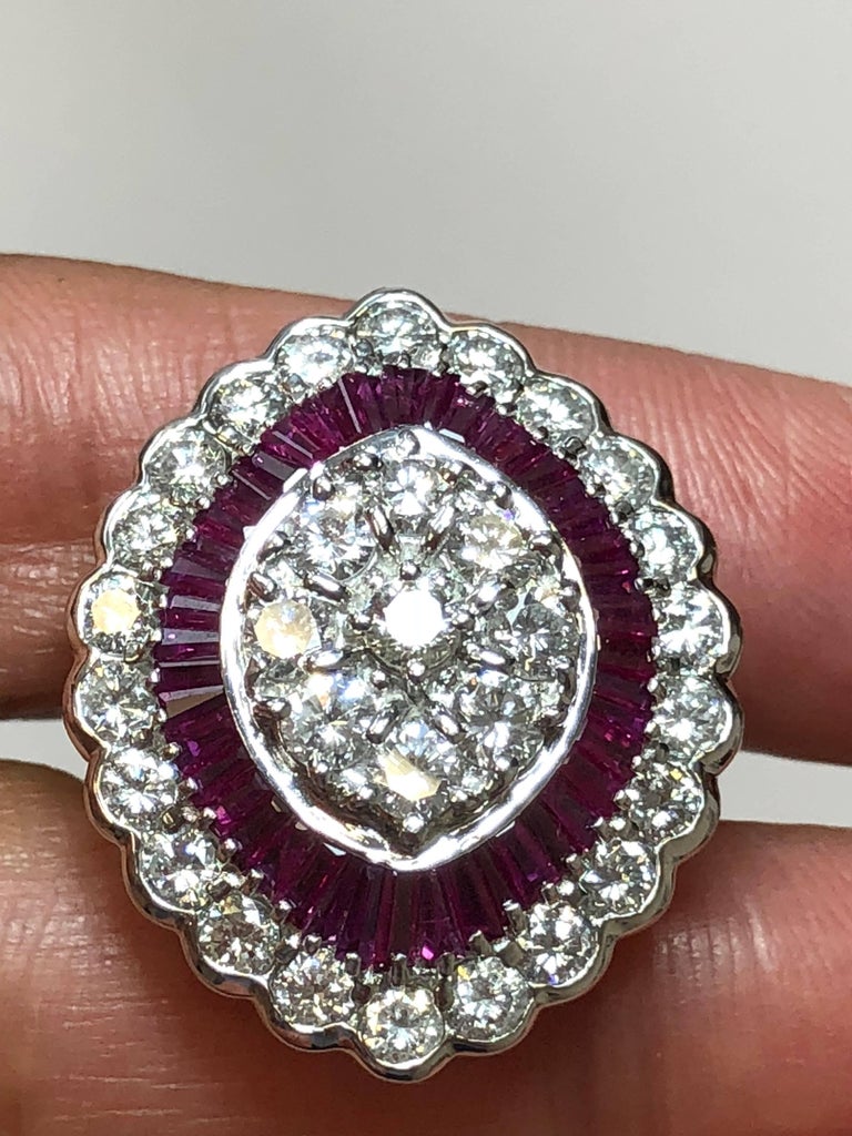 Estate Diamond Round and Ruby Baguette Platinum Cocktail Ring For Sale ...