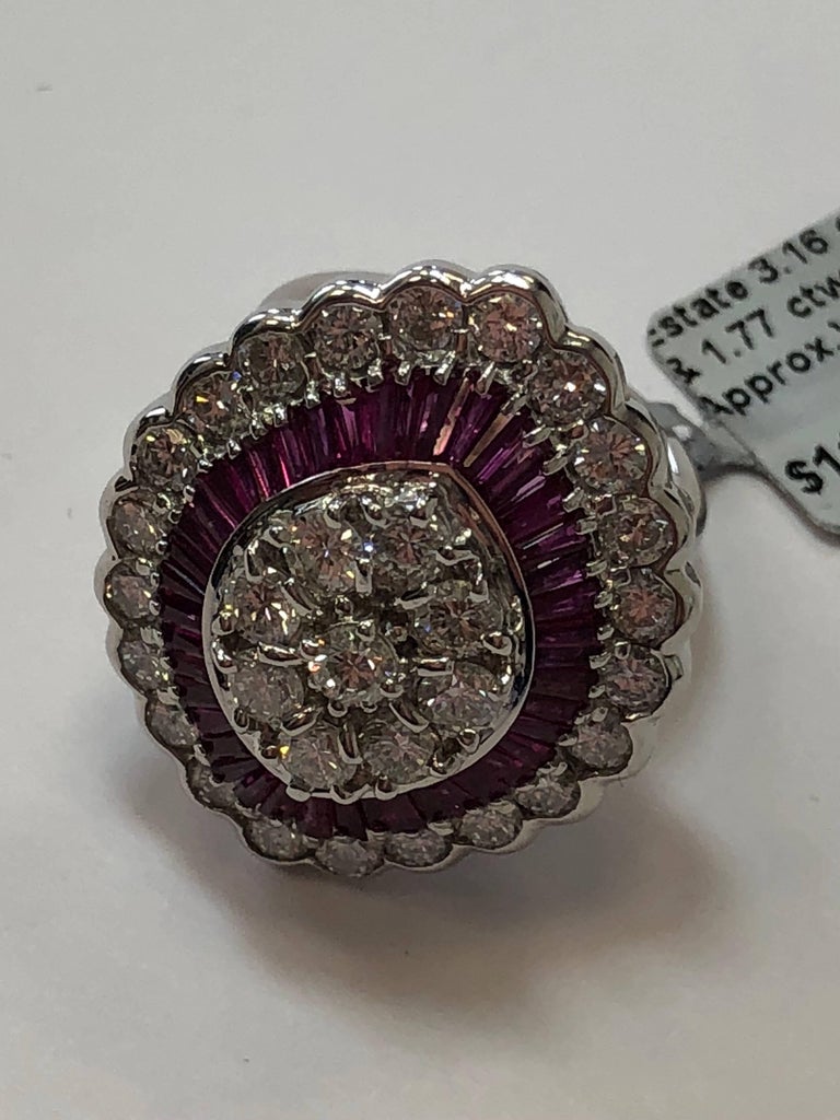 Estate Diamond Round and Ruby Baguette Platinum Cocktail Ring For Sale ...