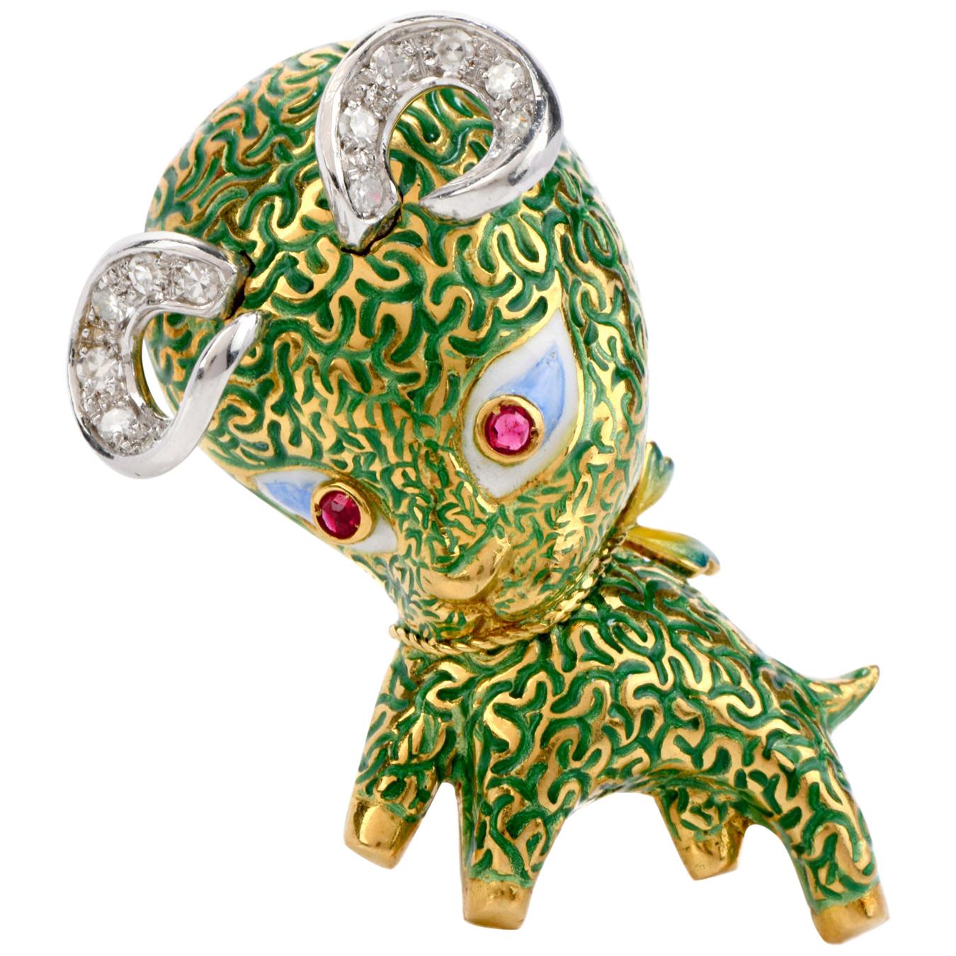 Estate Diamond Ruby and Green Enamel 18 Karat Gold Ram Pin Brooch For ...