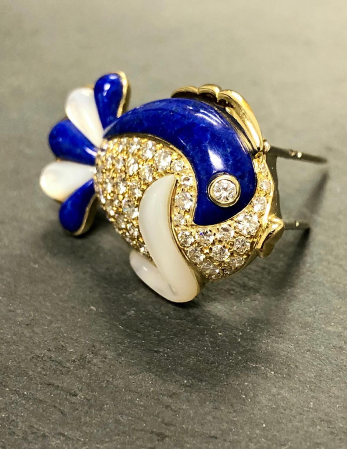 Estate French 18K Diamond Lapis Mother of Pearl Inlay Fish Pin For Sale ...