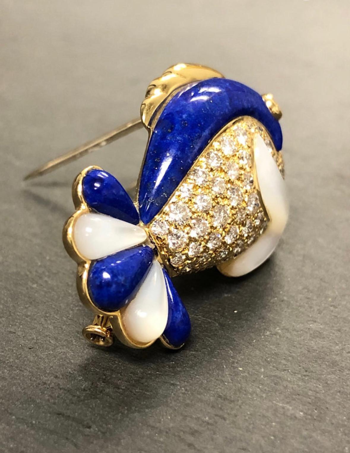 Estate French 18K Diamond Lapis Mother of Pearl Inlay Fish Pin For Sale ...