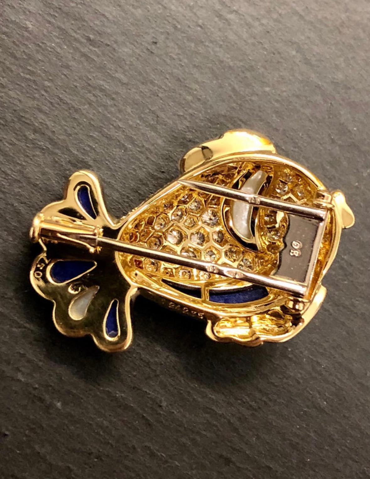 Estate French 18K Diamond Lapis Mother of Pearl Inlay Fish Pin For Sale ...