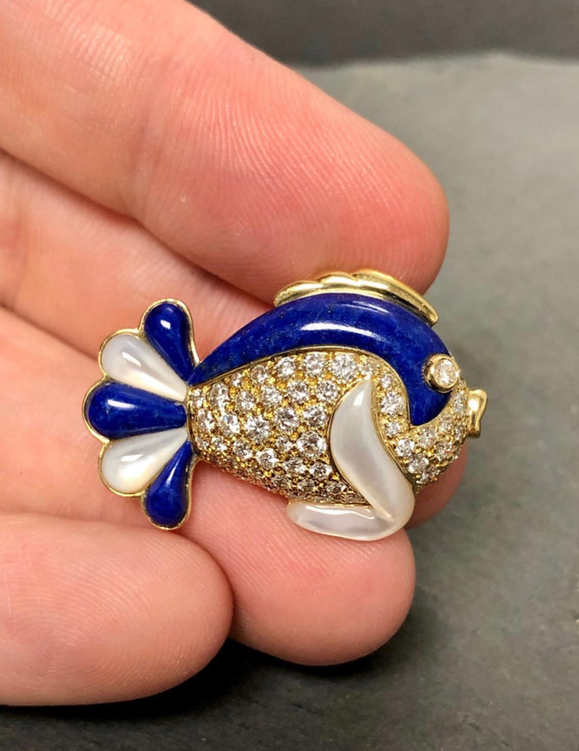 Estate French 18K Diamond Lapis Mother of Pearl Inlay Fish Pin For Sale ...