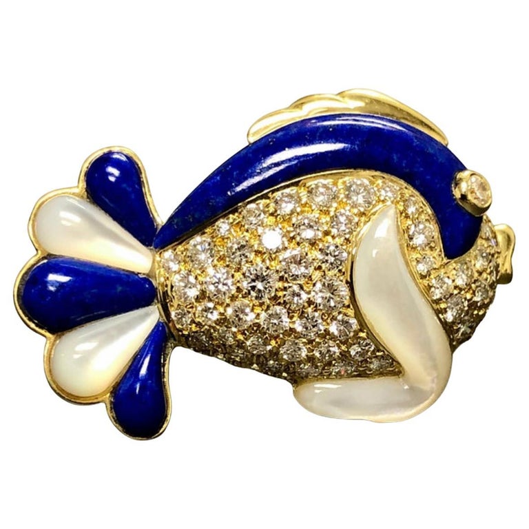 Estate French 18K Diamond Lapis Mother of Pearl Inlay Fish Pin For Sale ...