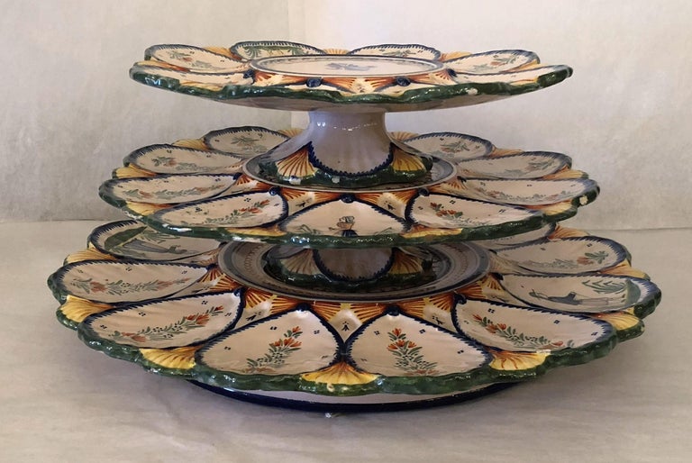 Estate French Faience 3-Tiered Oyster Server, Signed 'HR Quimper ...