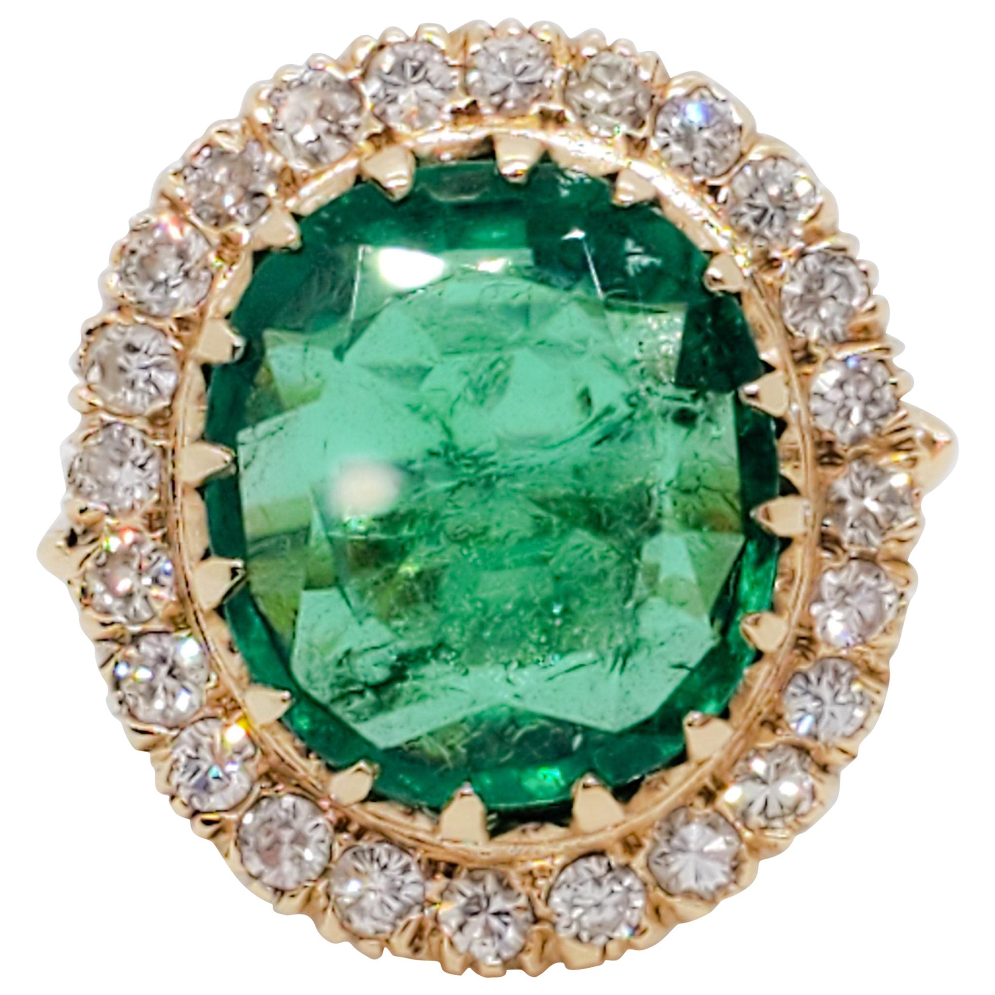 Estate Emerald Cushion and White Diamond Cocktail Ring For Sale at 1stDibs