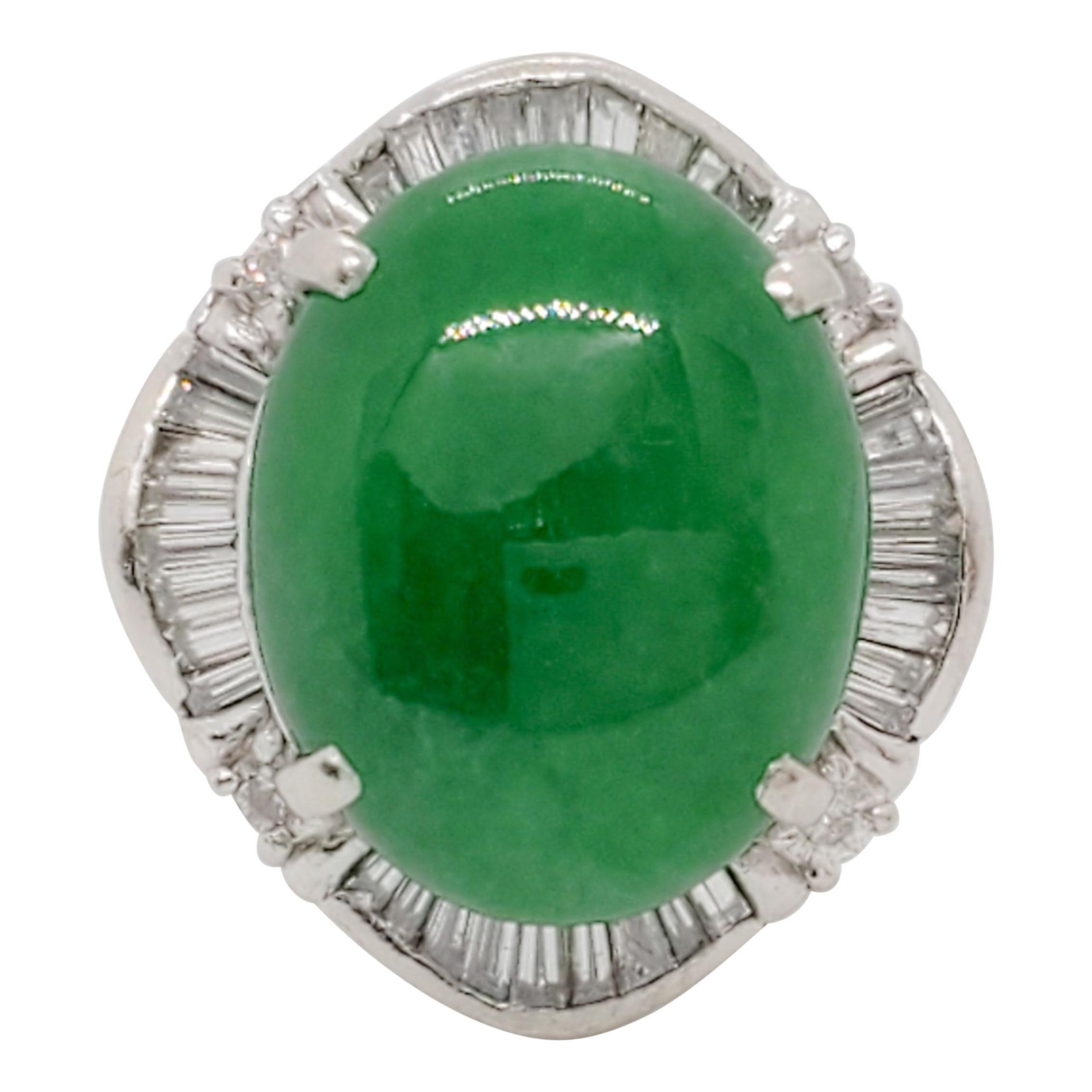 Estate Green Jade Oval Cabochon and White Diamond Ring in 18 Karat ...