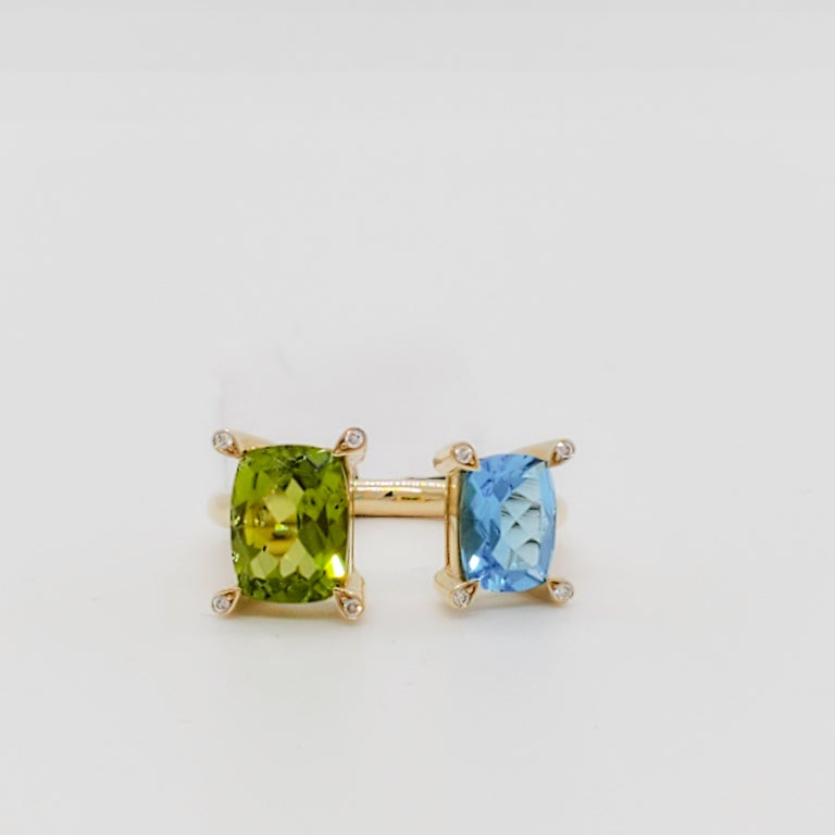 Estate Green Peridot, Blue Topaz, and Diamond Cocktail Ring in 14k ...