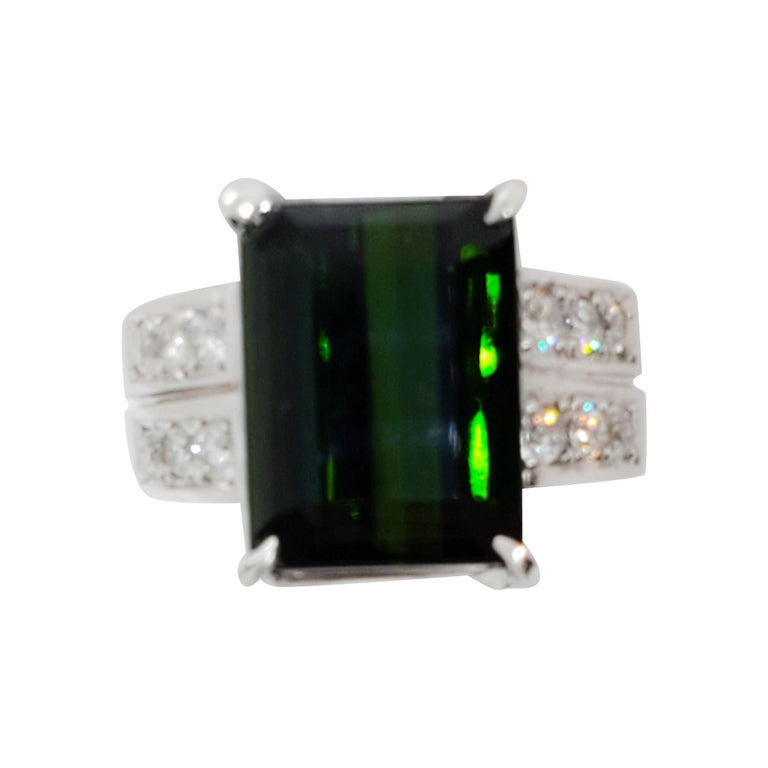 Estate Green Tourmaline Emerald Cut and White Diamond Ring in Platinum ...
