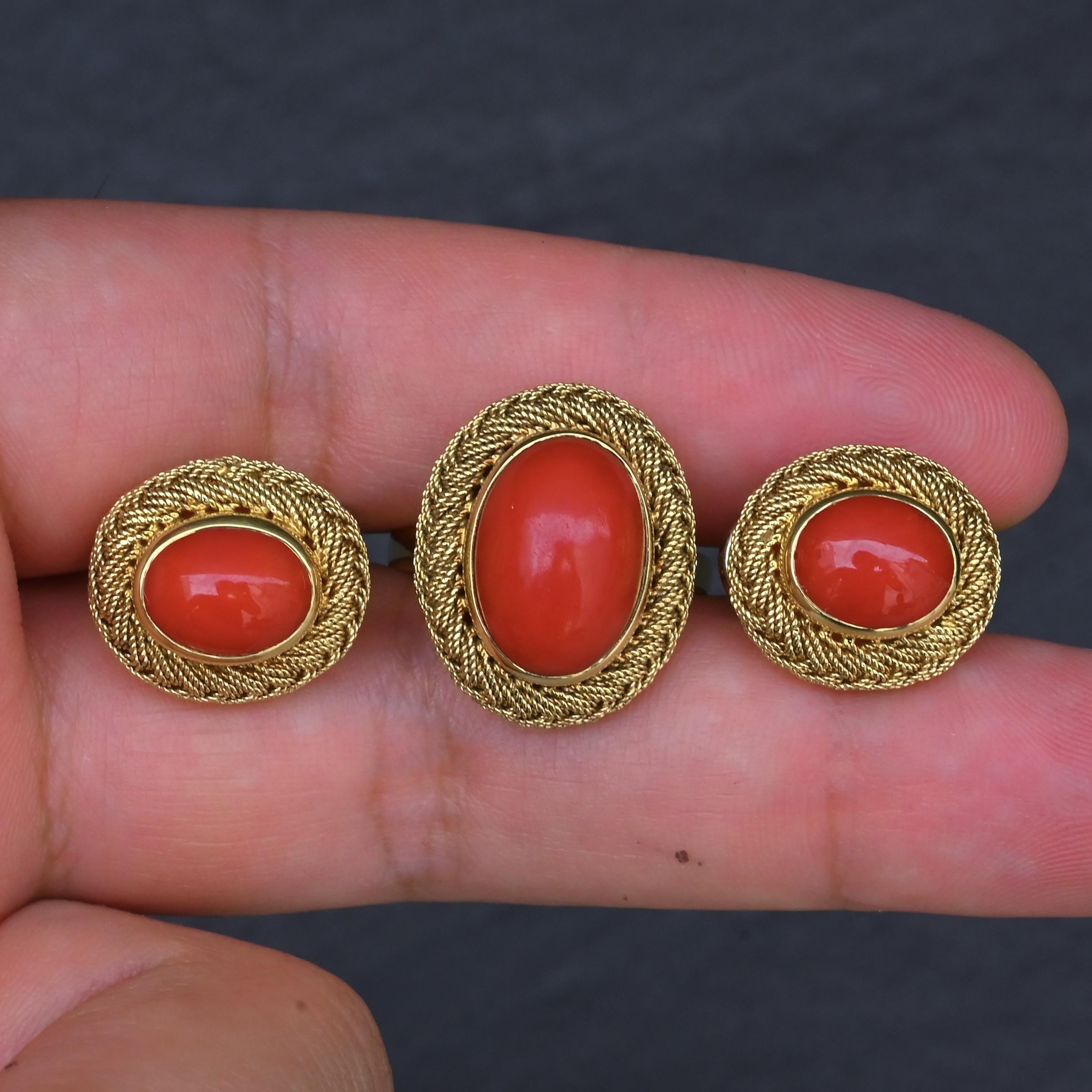 Estate Italian 18K Yellow Gold Blood Red Coral Earring and Ring Set 15 ...