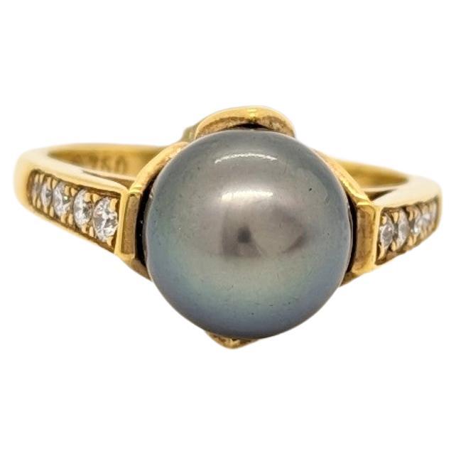 Estate Kabana Black Round Pearl and Diamond Ring in 18K Yellow Gold For ...