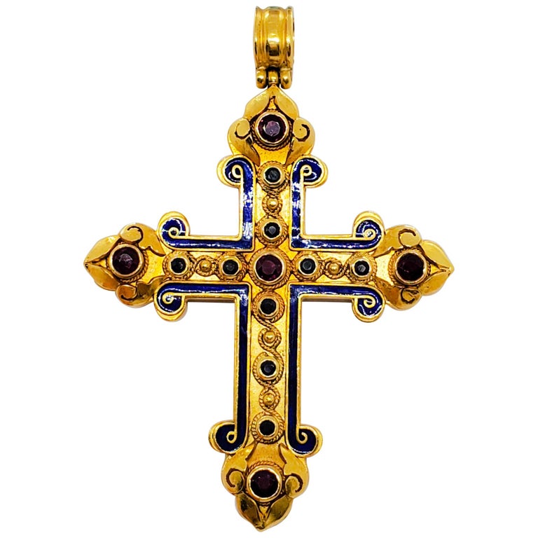 Estate Lalaounis Blue Enamel 18 Karat Yellow Gold Pendant Cross at 1stDibs
