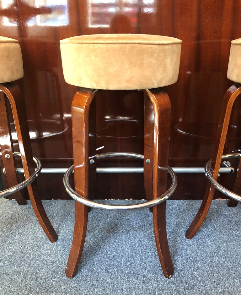 Estate Mahogany Art Deco Style Bar Set: 3 Stools, Bar and Bar Back with ...
