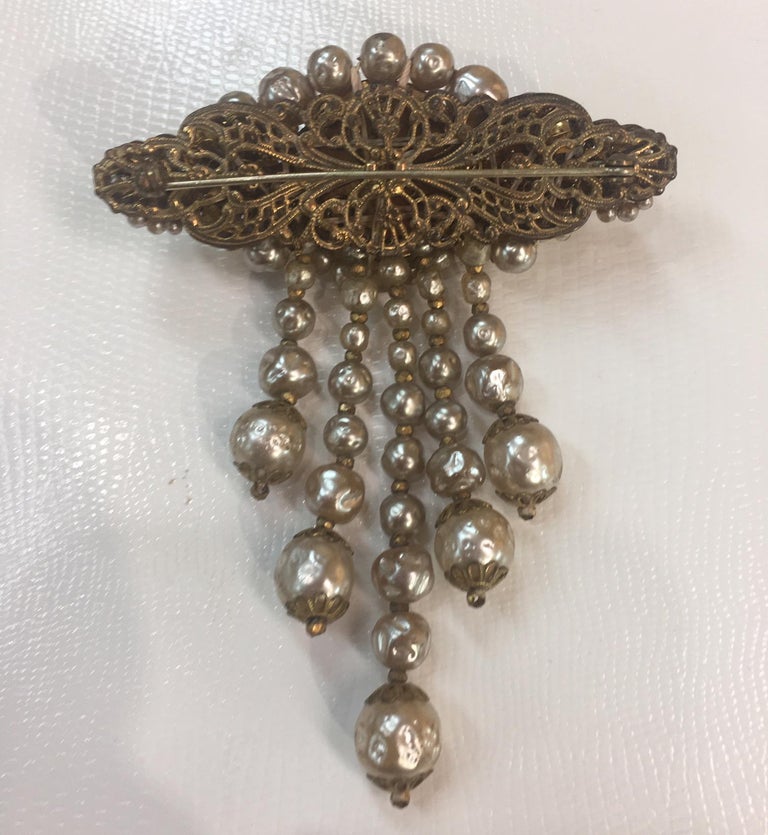 Estate Miriam Haskell Faux Pearl Rhinestone Cascade Dangle Brooch Pin ...