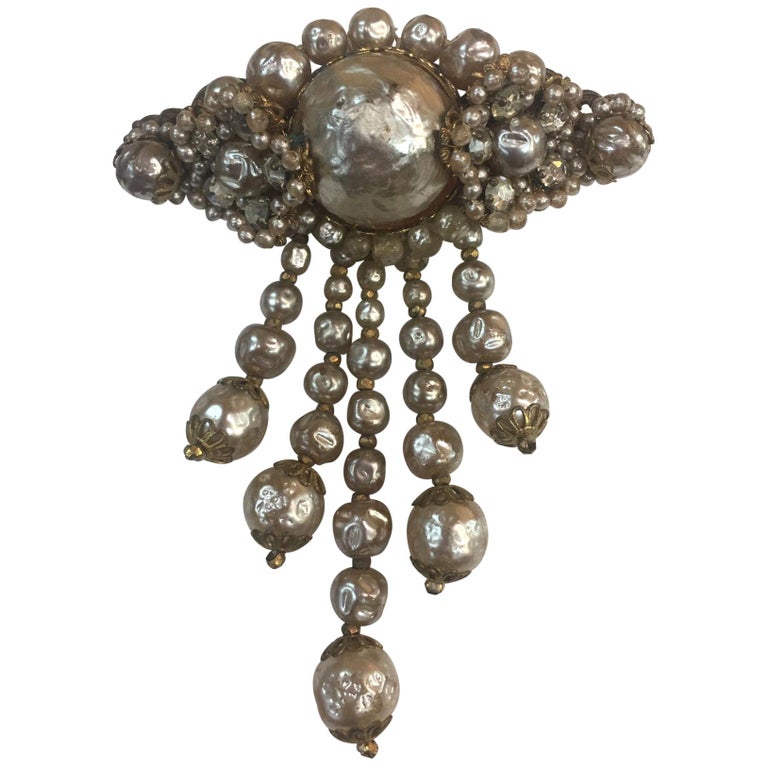 Estate Miriam Haskell Faux Pearl Rhinestone Cascade Dangle Brooch Pin ...