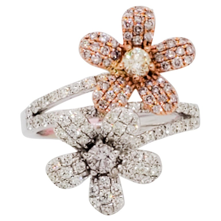 Estate Natural Pink and White Diamond Flower Bypass Ring in 14k Gold ...