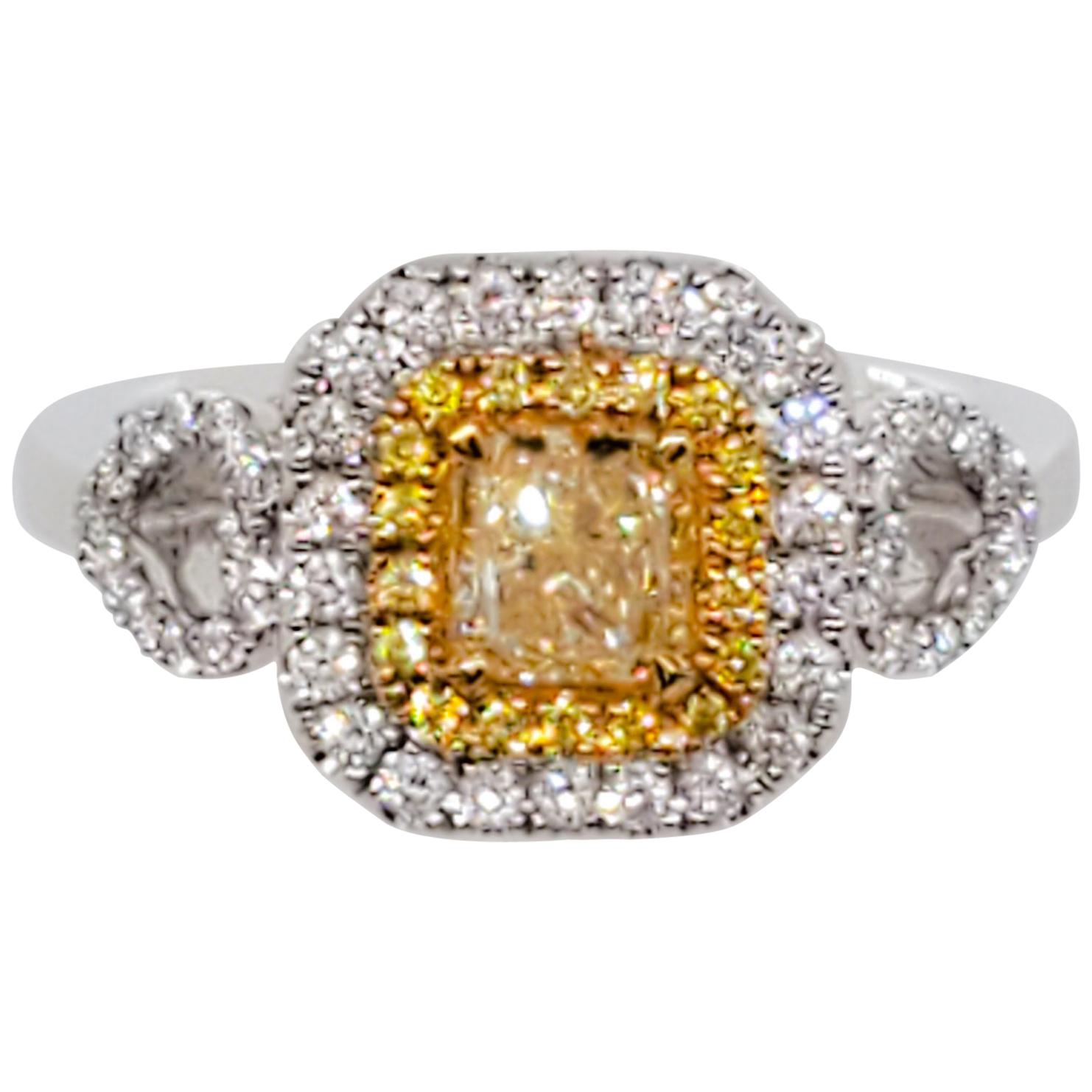 Estate Natural Yellow Radiant and White Diamond Round Ring in 18 Karat ...