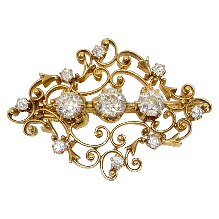 Estate Old European Cut Diamonds Scroll 18 Karat Gold Brooch Pendant 1. ...