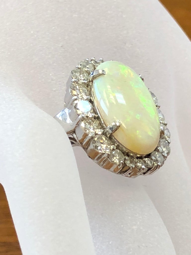 Estate Opal Oval and Diamond Cocktail Ring in Platinum at 1stDibs