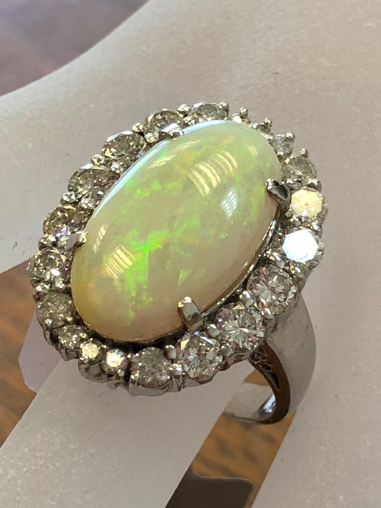 Estate Opal Oval and Diamond Cocktail Ring in Platinum at 1stDibs