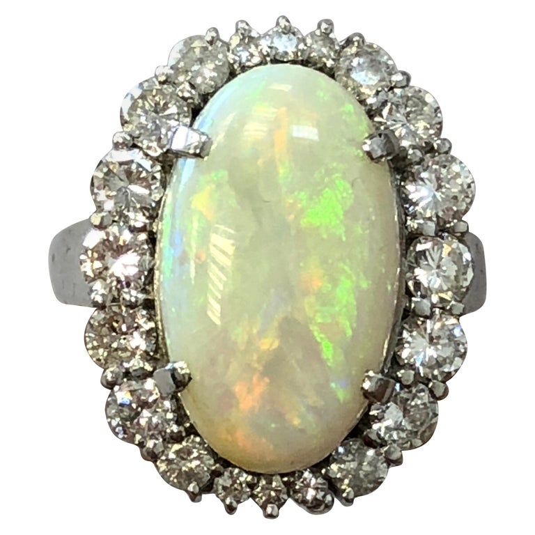Estate Opal Oval and Diamond Cocktail Ring in Platinum at 1stDibs