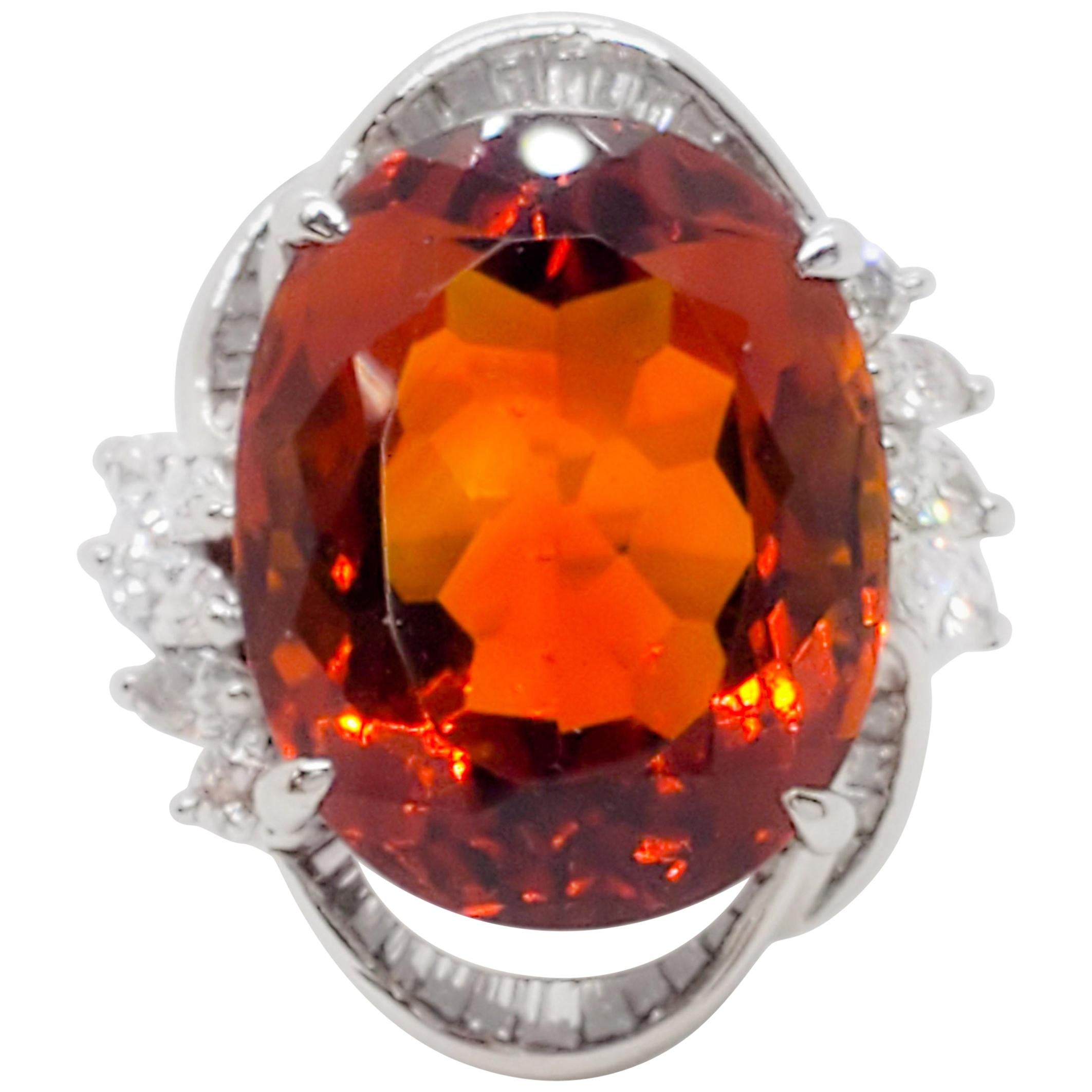 Estate Orange Citrine Oval and White Diamond Cocktail Ring in Platinum ...