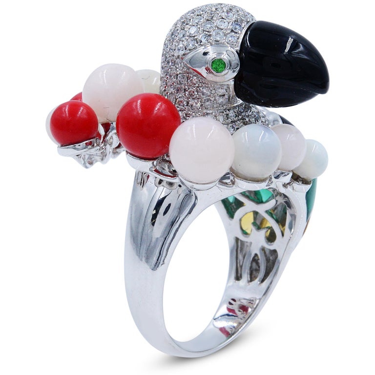 Estate Parrot Bird 18 Karat White Gold Diamond Coral Ring 1.95 Carat at ...