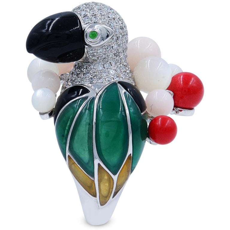 Estate Parrot Bird 18 Karat White Gold Diamond Coral Ring 1.95 Carat at ...