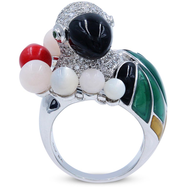 Estate Parrot Bird 18 Karat White Gold Diamond Coral Ring 1.95 Carat at ...