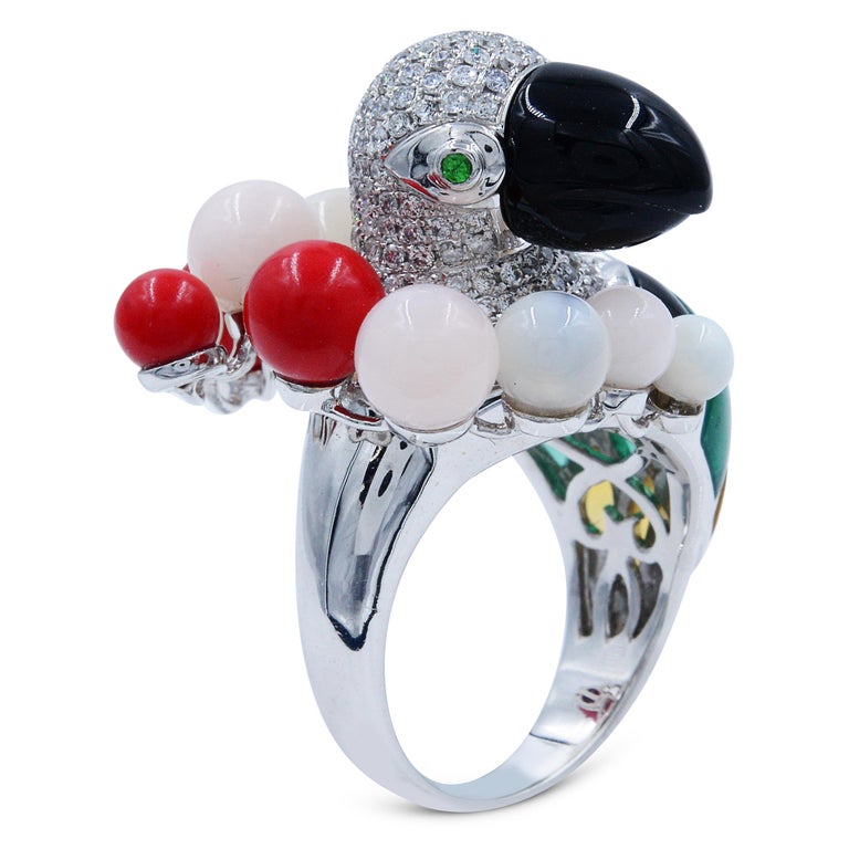 Estate Parrot Bird 18 Karat White Gold Diamond Coral Ring 1.95 Carat at ...