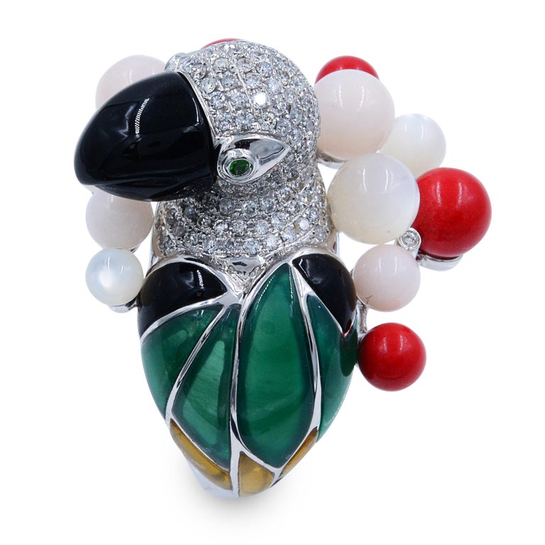 Estate Parrot Bird 18 Karat White Gold Diamond Coral Ring 1.95 Carat at ...