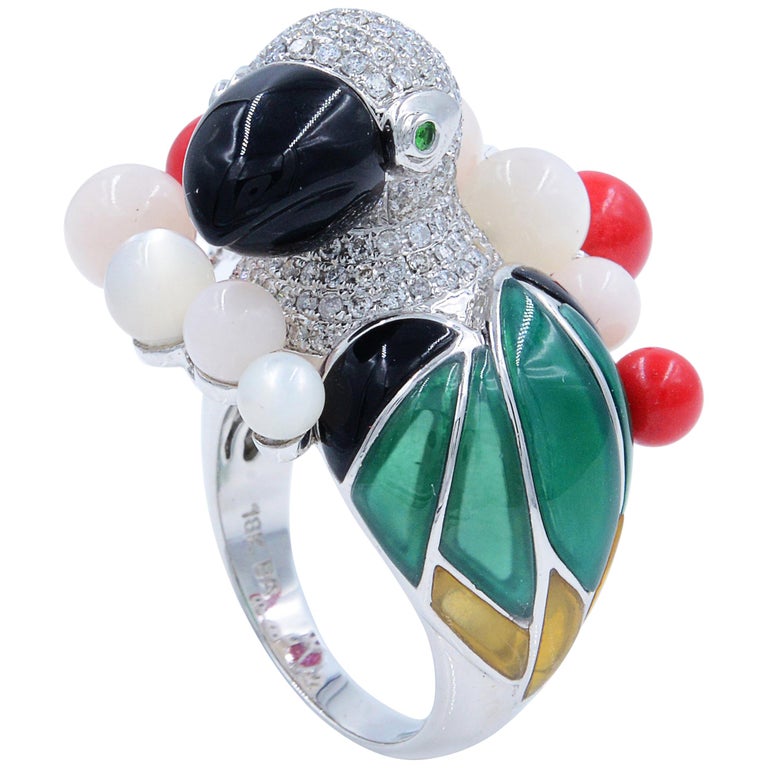 Estate Parrot Bird 18 Karat White Gold Diamond Coral Ring 1.95 Carat at ...