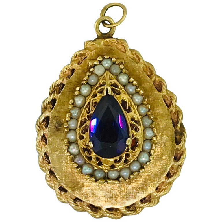 Estate Vintage Locket Pear Shape Amethyst Seed Pearl Pendant with Chain ...