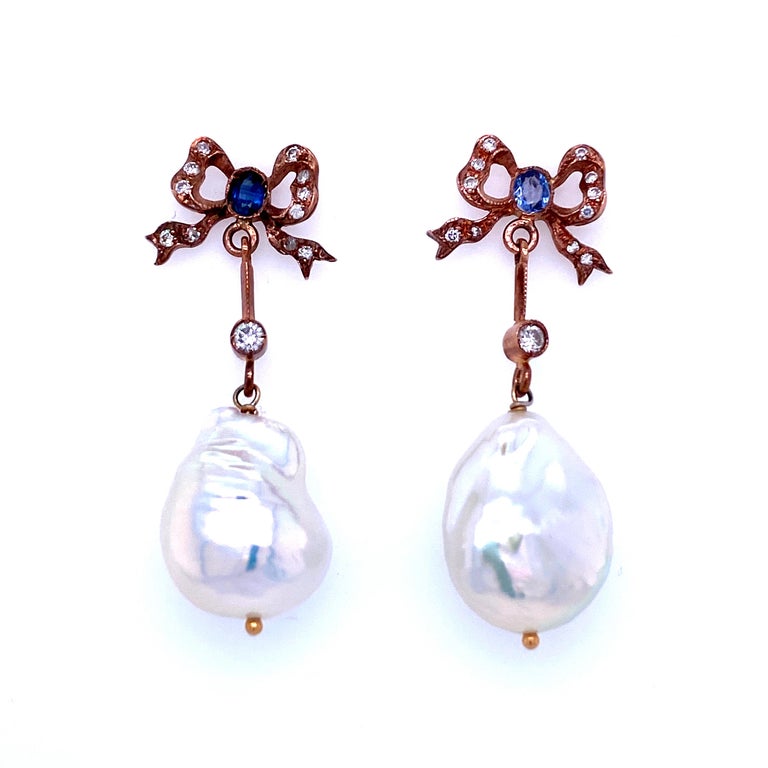 Estate Pearl Bow Sapphire Diamond Rose Gold Earrings at 1stDibs