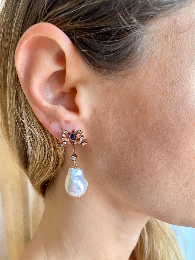 Estate Pearl Bow Sapphire Diamond Rose Gold Earrings at 1stDibs
