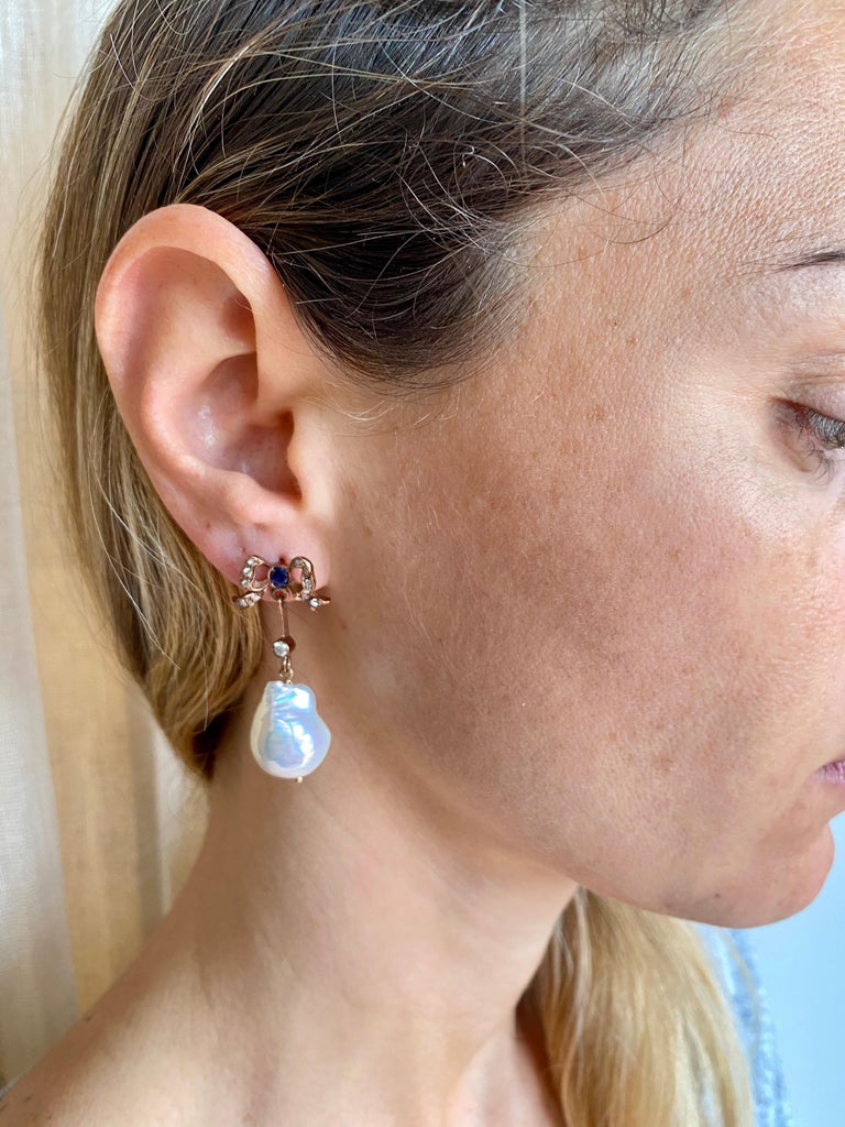 Estate Pearl Bow Sapphire Diamond Rose Gold Earrings at 1stDibs