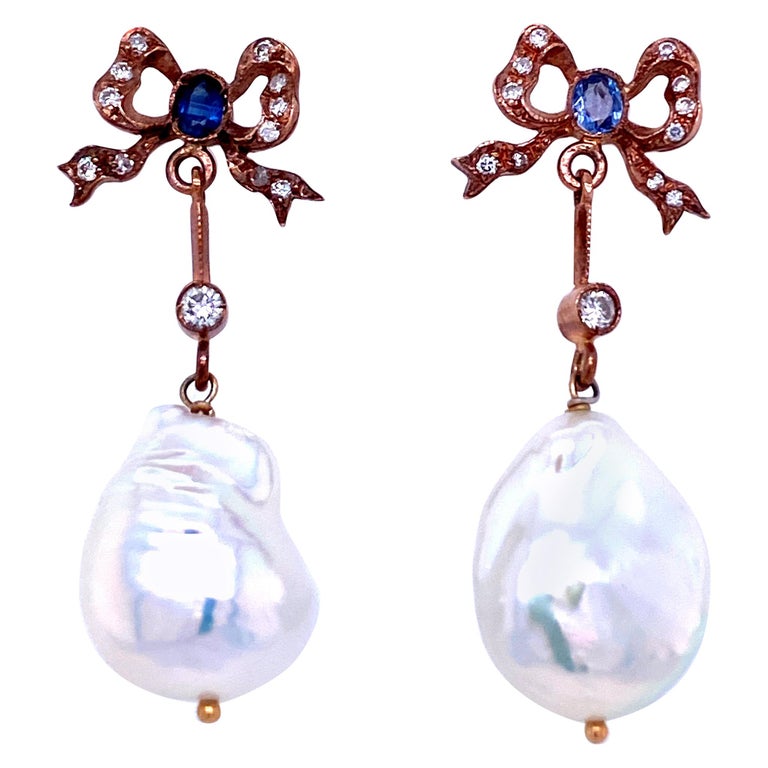 Estate Pearl Bow Sapphire Diamond Rose Gold Earrings at 1stDibs