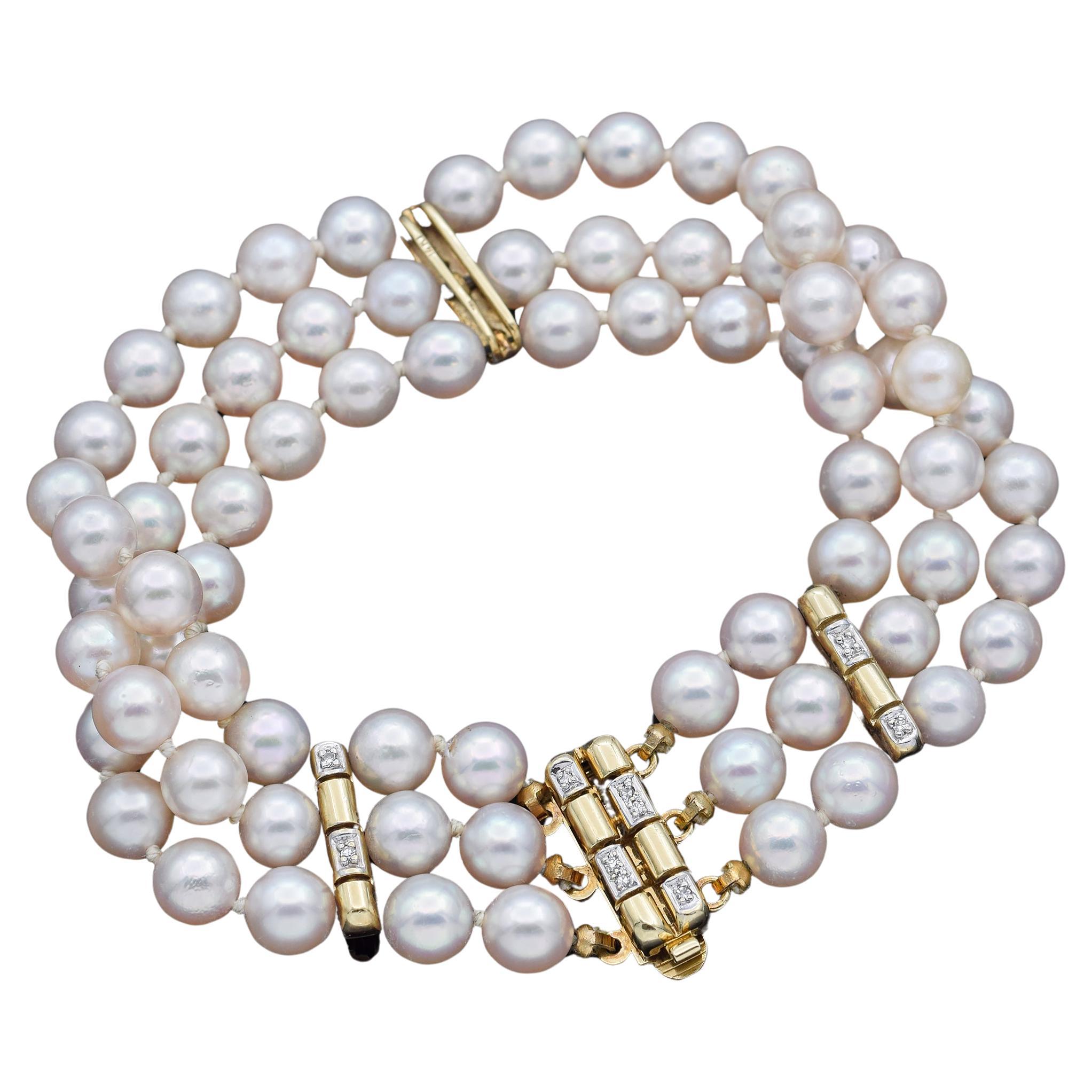 Vintage Pearl and Diamond Yellow Gold Multi-Strand Bracelet For Sale at ...