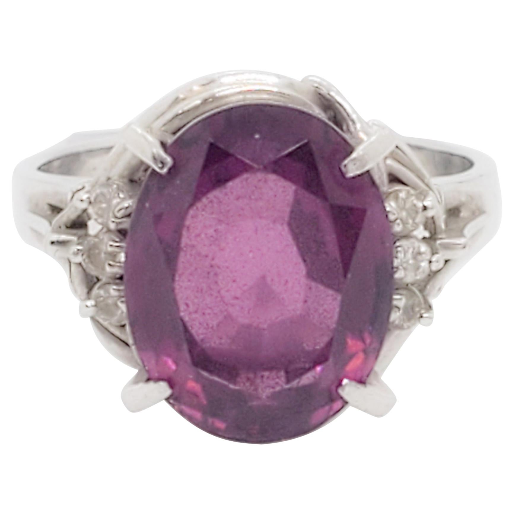 Red Garnet Oval and White Diamond Round Cocktail Ring in Platinum For ...