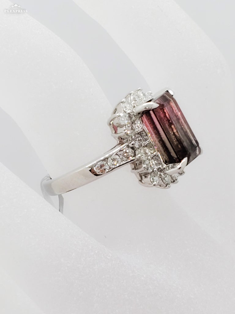 Estate Pink Tourmaline Emerald Cut and Diamond Ring in Platinum For ...