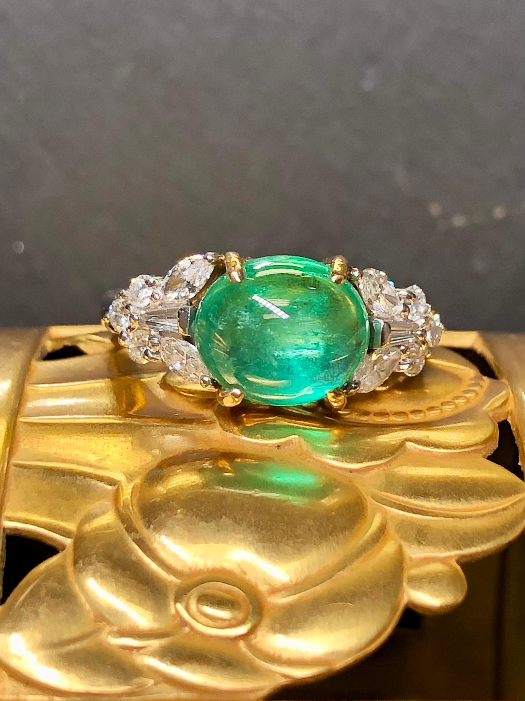 Platinum 18K Cabochon Colombian Emerald Diamond Cocktail Ring 4.50ctw ...