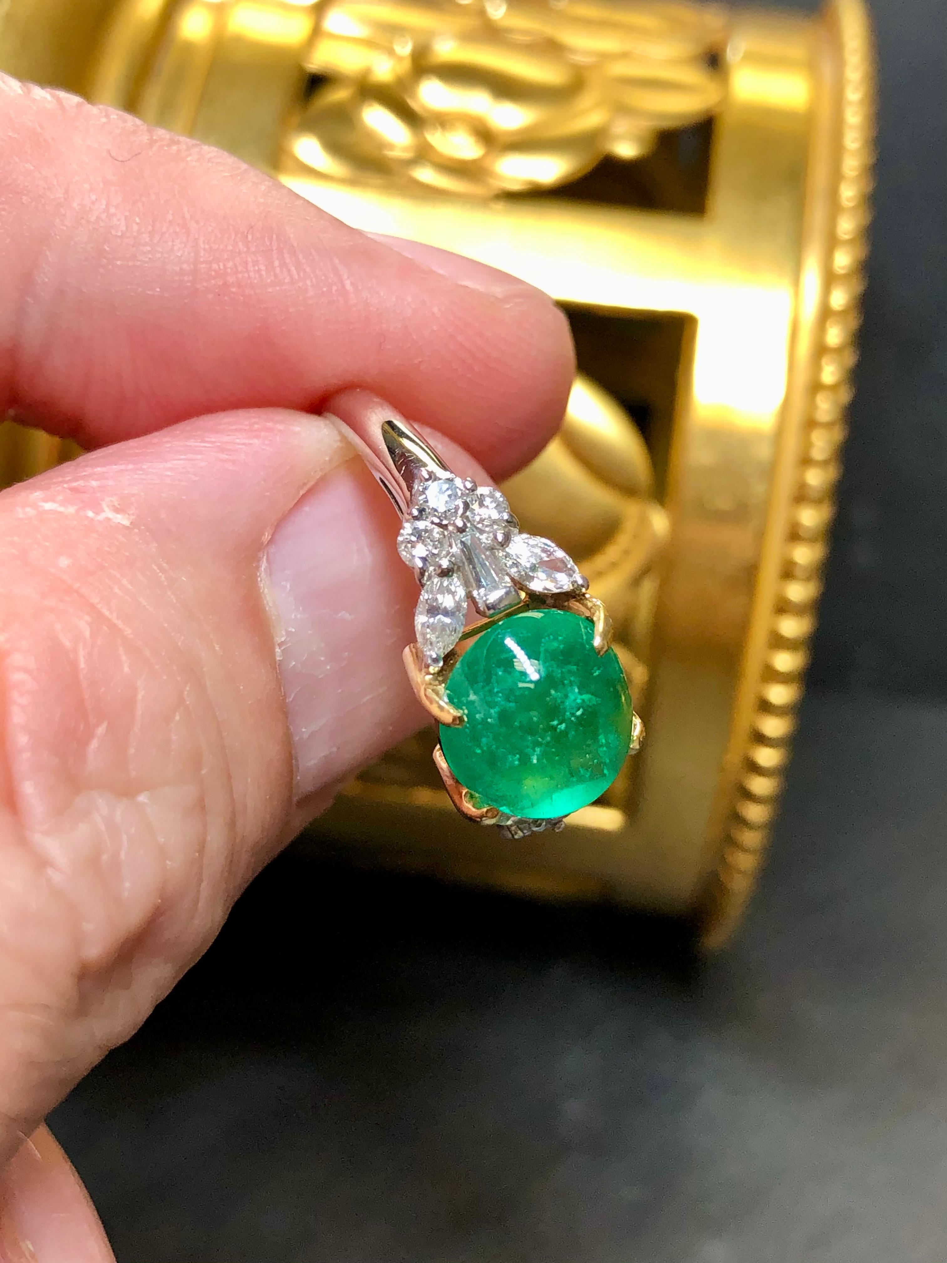 Platinum 18K Cabochon Colombian Emerald Diamond Cocktail Ring 4.50ctw ...