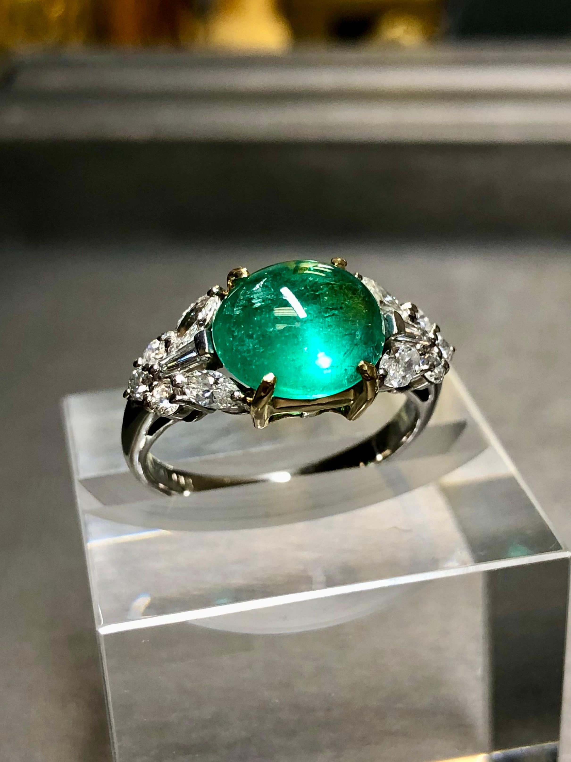 Platinum 18K Cabochon Colombian Emerald Diamond Cocktail Ring 4.50ctw ...