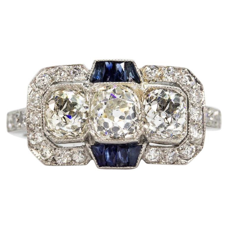 Estate Platinum 3 Stones Diamonds and Sapphires Ring at 1stDibs